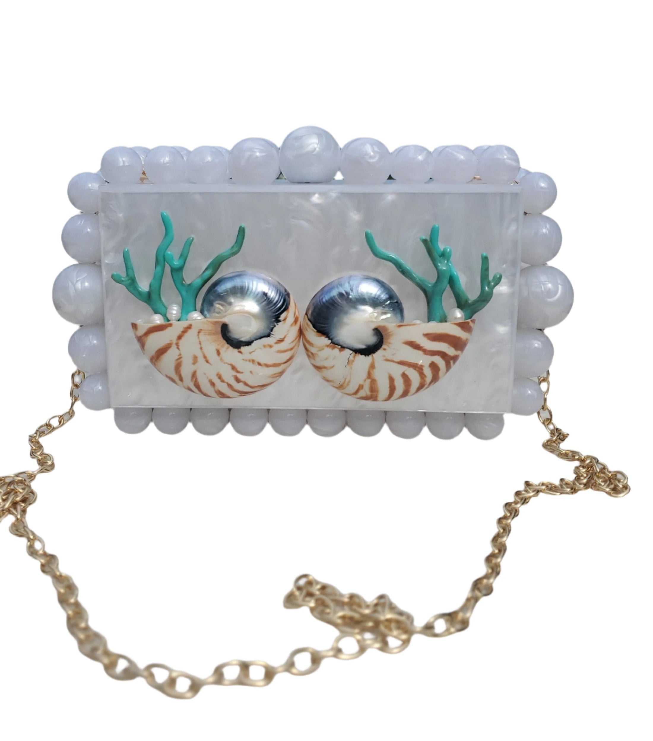 Custom Shell Clutch Purse With Pearls and Coral
