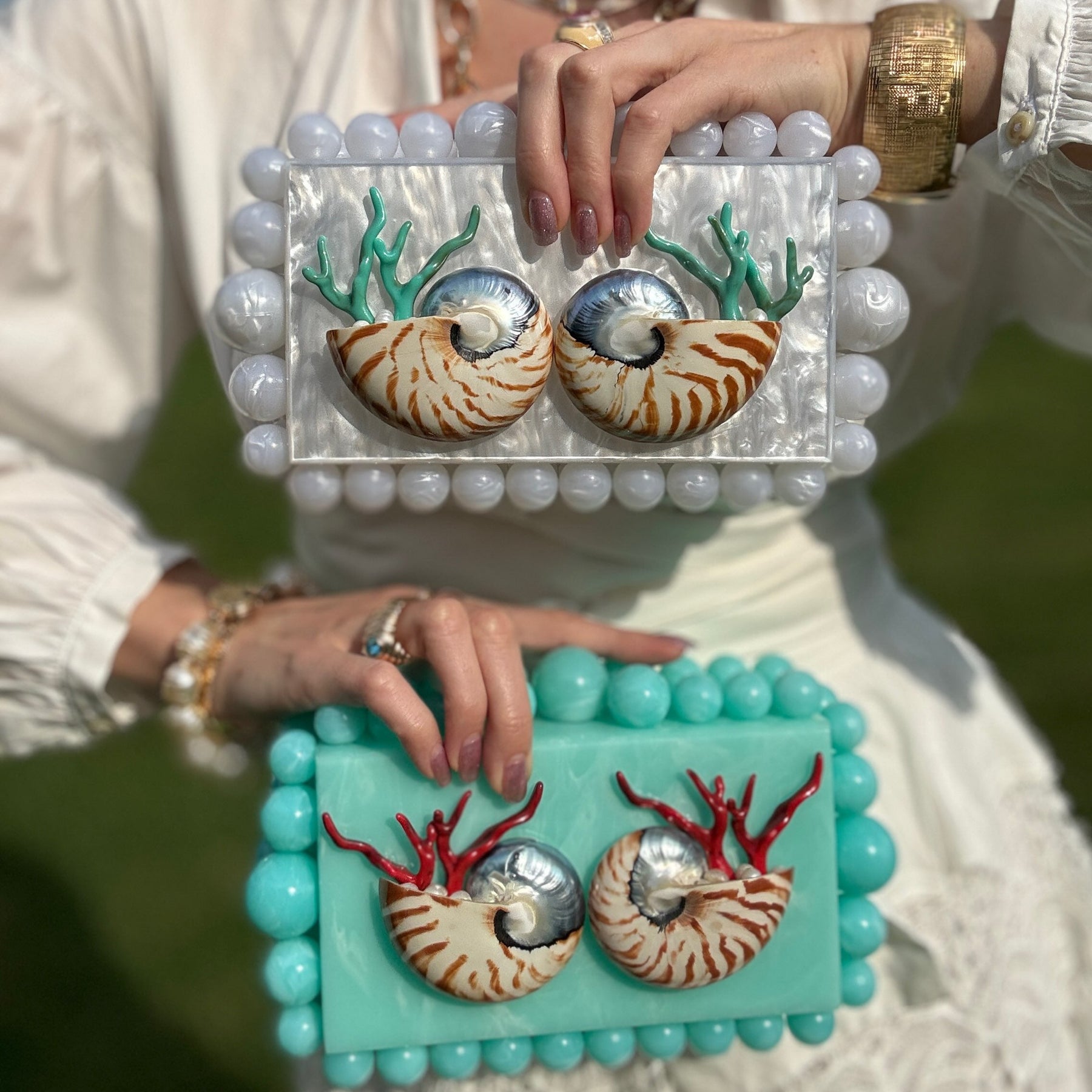 Custom Shell Clutch Purse With Pearls and Coral